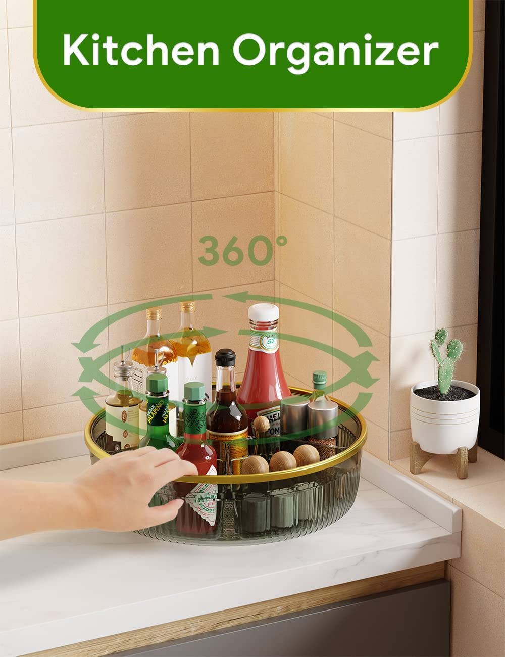 11.8 Inch Lazy Susan Organizer for Cabinet with 7 Removable Bins, 360° Turnable Clear Spice Rack Organizer for Cabinet, Decorative Trays for Pantry, Cupboard, Makeup, Kitchen, Bathroom - Dark Green