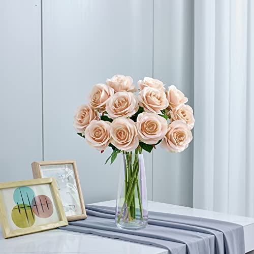 Helera 12pcs Roses Artificial Flowers Fake Rose Blush Pink Silk Roses Pink Silk Flowers Rose with Long Stems for Wedding Home Party Centerpieces Decorations