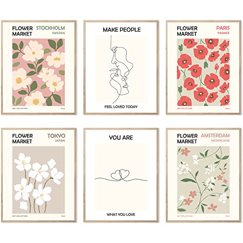 HoozGee Flower Market Poster Botanical Decor Minimalist Wall Art Prints Love Couple Theme Flower Line Poster Vintage Prints Canvas Wall Art Colorful Floral Wall Decor (8"x10" UNFRAMED)