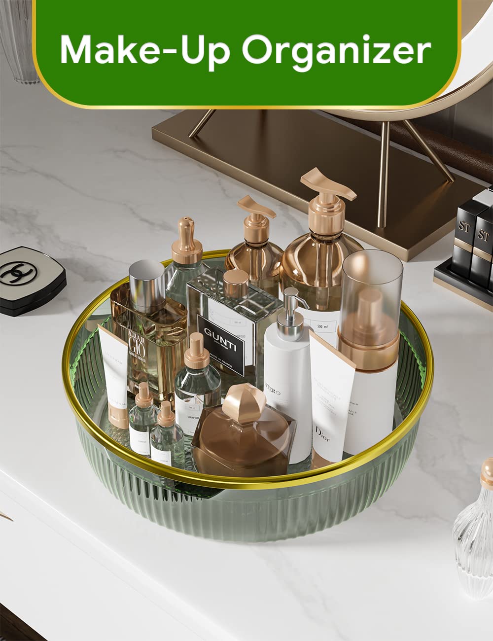 11.8 Inch Lazy Susan Organizer for Cabinet with 7 Removable Bins, 360° Turnable Clear Spice Rack Organizer for Cabinet, Decorative Trays for Pantry, Cupboard, Makeup, Kitchen, Bathroom - Dark Green
