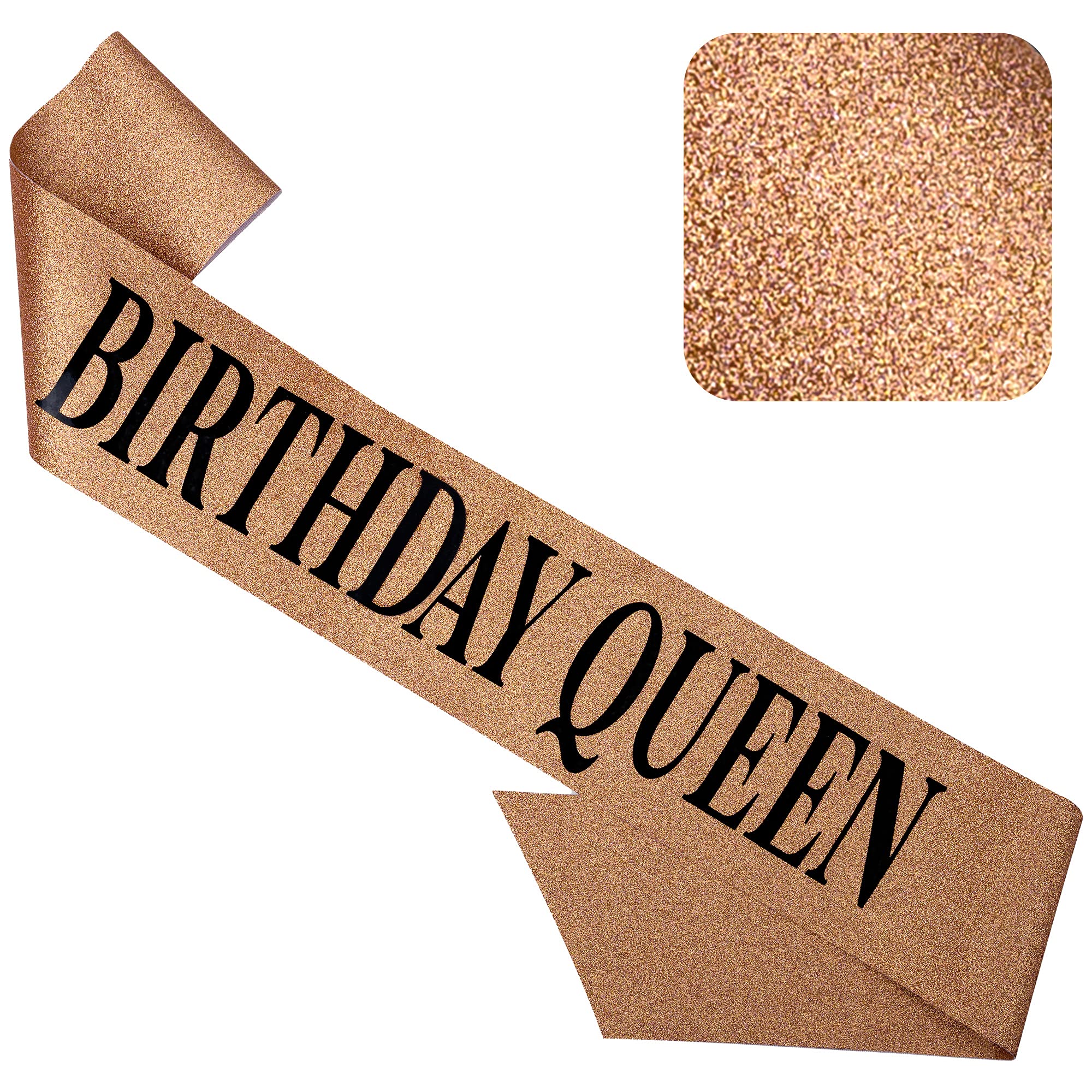 CORRURE 'Birthday Queen' Sash Glitter with Black Foil - Rose Gold Glitter Happy Birthday Sash for Women - Party Favors Supplies and Decorations for Sweet 16, 18th 21st 30th 40th or Any Bday Party