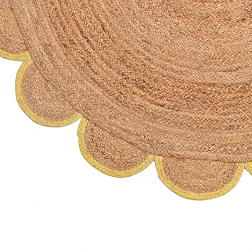 4x4, 5x5, 6x6, Natural Jute Scallop Round Rug, Floor Yellow Scalloped Edge Rug Braided Boho Eco Large Circular Handmade Area Rugs (3x3 FT)
