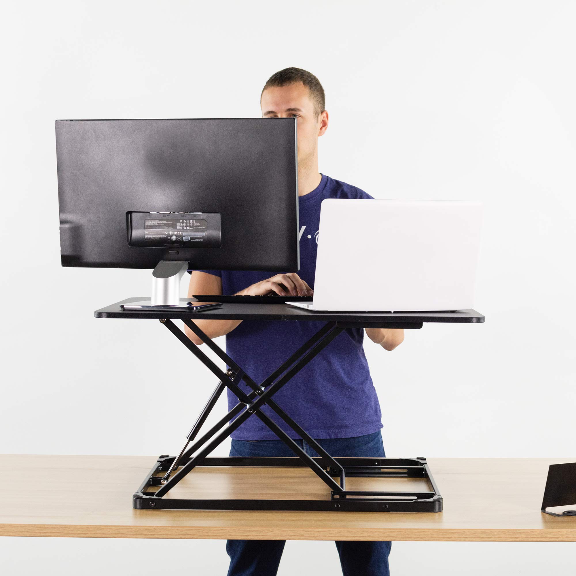 VIVO Black Ultra-Slim Single Top Height Adjustable 31 inch Standing Desk Converter, Compact Sit Stand Desktop Riser for Monitor or Laptop, DESK-V000I