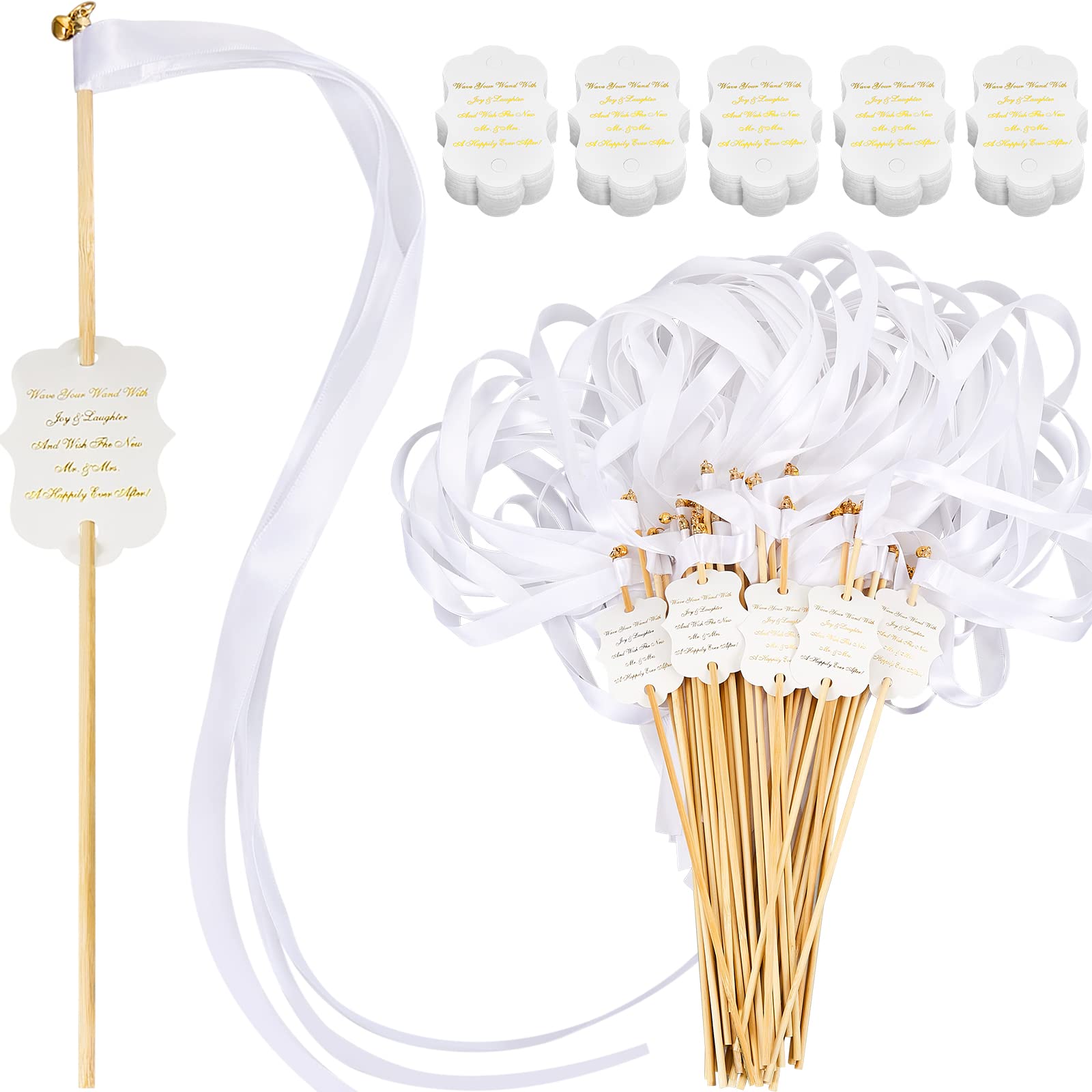 Janinka 50 Pcs Ribbon Stick Wands with Bells and 50 Pcs Wedding Wand Favor Tags Fairy Wand Streamers Party Streamers Gold Wedding Send Off Tags for Baby Shower Activities Holiday Favors (White)