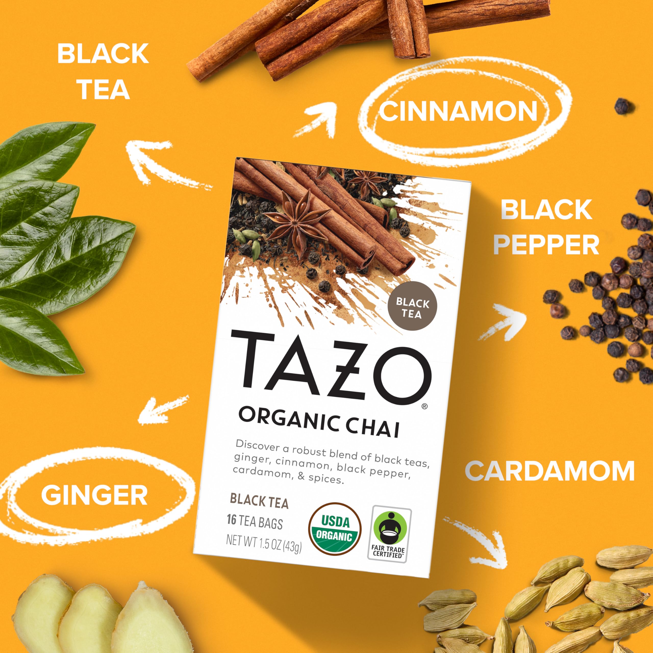 TAZO Tea Bags, Black Tea, Regenerative Organic Chai Tea, 16 Count (Pack of 6)