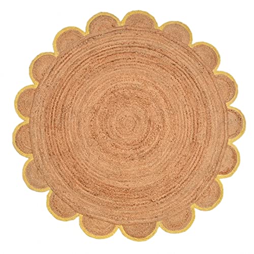 4x4, 5x5, 6x6, Natural Jute Scallop Round Rug, Floor Yellow Scalloped Edge Rug Braided Boho Eco Large Circular Handmade Area Rugs (3x3 FT)