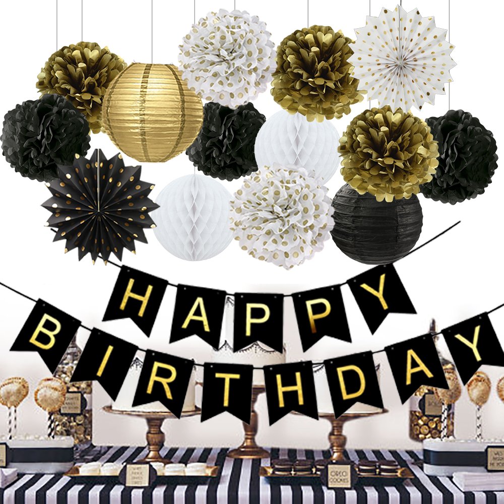 Birthday Decorations Black Happy Birthday Banner Paper Flowers Tissue Paper Pom Poms Paper Lanterns Paper Fans for Birthday Party