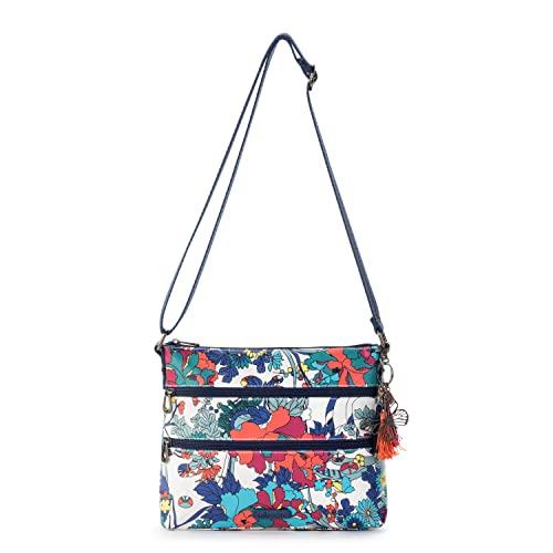 Sakroots Basic Crossbody Bag in Coated Canvas, Multifunctional Purse with Adjustable Strap & Zipper Pockets, Lake Flower Power