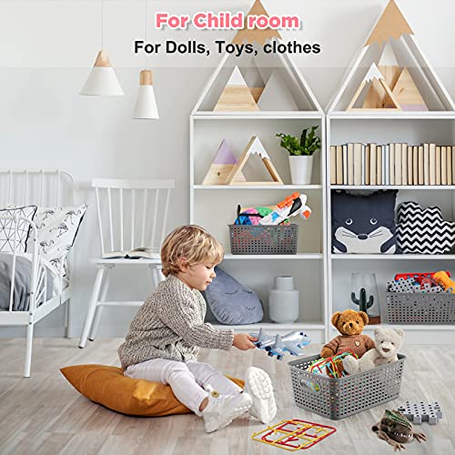 AREYZIN Plastic Storage Baskets With Lid Organizing Container Lidded Knit Storage Organizer Bins for Shelves Drawers Desktop Closet Playroom Classroom Office, Grey and Purple