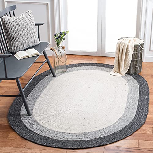 SAFAVIEH Braided Collection 4' x 6' Oval Grey/Ivory BRD903A Handmade Country Cottage Reversible Wool Entryway Foyer Living Room Bedroom Kitchen Area Rug