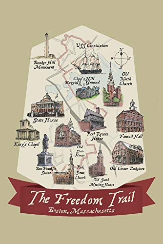 Boston, Massachusetts, The Freedom Trail, Map, Contour (Canvas Deluxe Tote Bag, Faux Leather Handles & Zip Pocket)