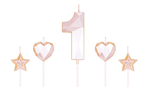 Rose Gold Number 1 Candles and Star Heart Candles 2.76 inch Number Candles for Birthday Cakes 3D Diamond Shaped for Cake Decorations(Rose Gold Candle 1)