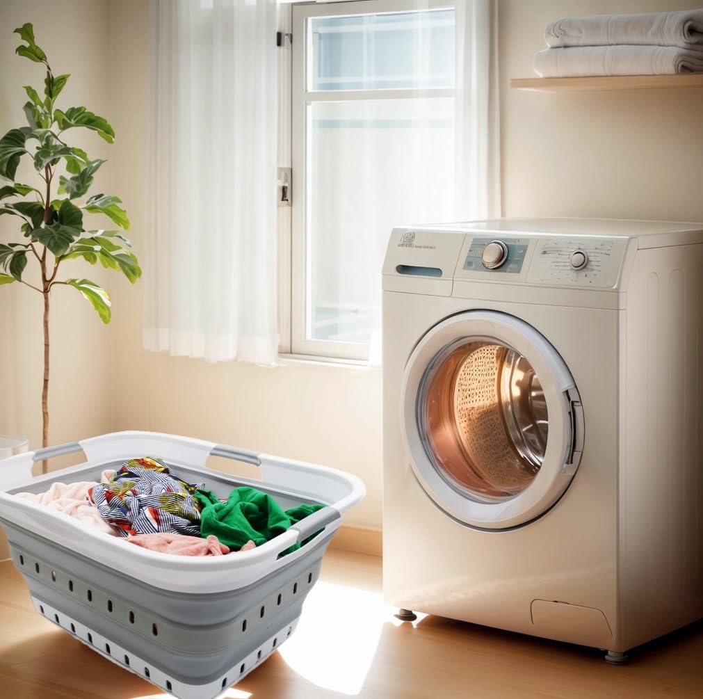 SAMMART 42L (11 gallon) Collapsible Plastic Laundry Basket - Foldable Pop Up Storage Container/Organizer - Portable Washing Tub - Space Saving Hamper/Basket (1, White/Grey)