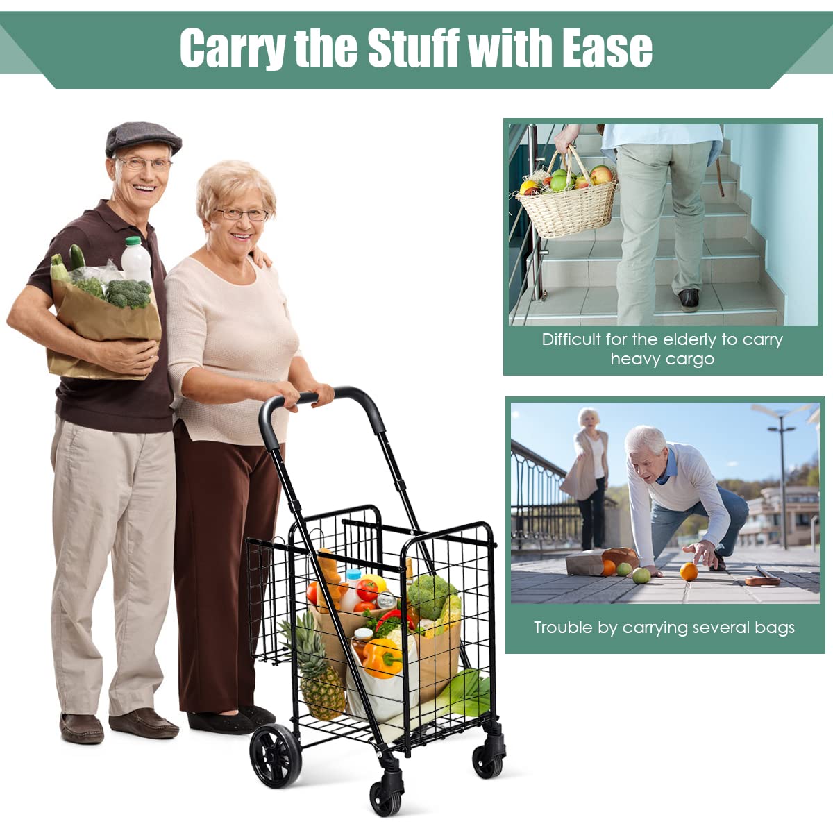 Byroce Utility Folding Shopping Cart, Light Weight Trolley with Handle, Large Grocery Utility Cart with Swiveling Wheels and Dual Storage Baskets, Ideal for Laundry Book Luggage Travel (Black)