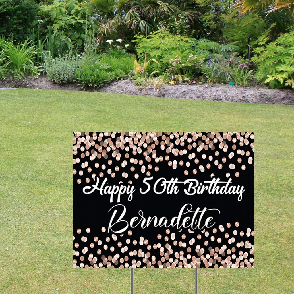 Happy 50th Birthday Personalized Yard Sign, Black and Rose Gold Birthday Lawn Decoration