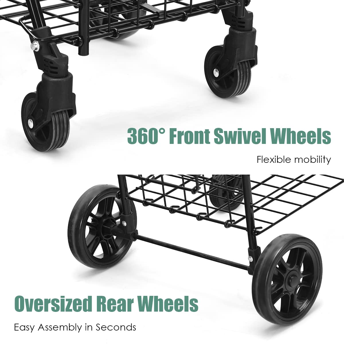 Byroce Utility Folding Shopping Cart, Light Weight Trolley with Handle, Large Grocery Utility Cart with Swiveling Wheels and Dual Storage Baskets, Ideal for Laundry Book Luggage Travel (Black)