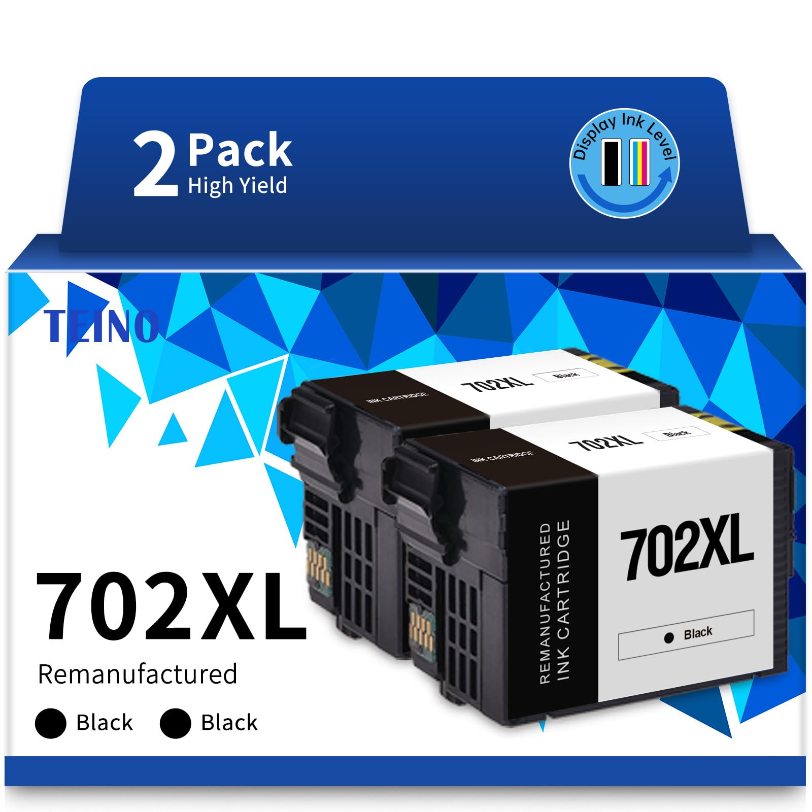 TEINO Remanufactured Ink Cartridge Replacement for Epson 702 702XL T702 T702XL use with Epson Workforce Pro WF-3720 WF-3730 WF-3733 (Black, 2-Pack)