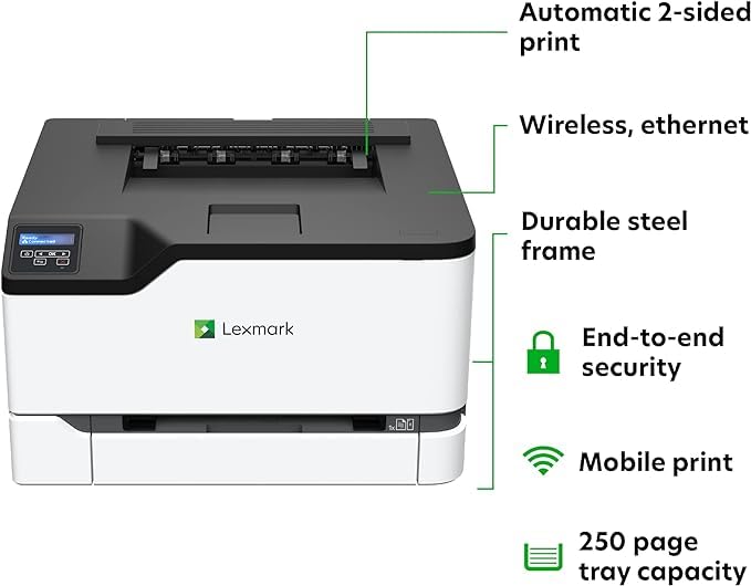 Lexmark CS331dw Laser Printer - Color - 26 ppm Mono / 26 ppm Color - 600 dpi Print - Automatic Duplex Print - Wireless LAN, White/Gray, Medium (40N9020)