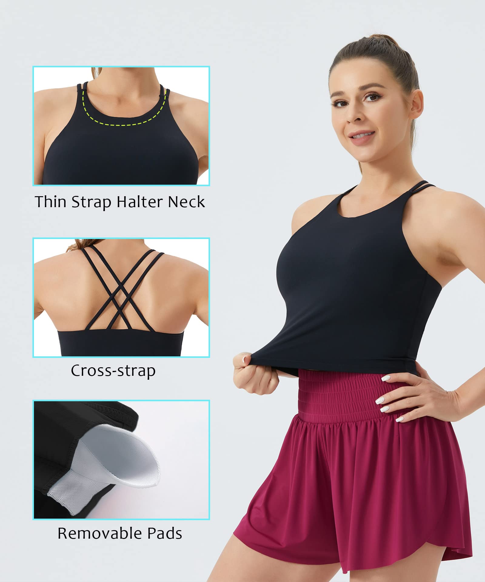 THE GYM PEOPLE Women's Cross Back Sports Bra Halter Neck Workout Crop Tank Tops with Removable Pads Black