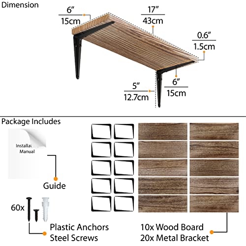 Wallniture Arras Floating Shelves for Wall Decor, 17"x 6" Bookshelf Living Room Decor, Kitchen Organization and Storage, Wall Shelves, Office Shelves Burnt Set of 10