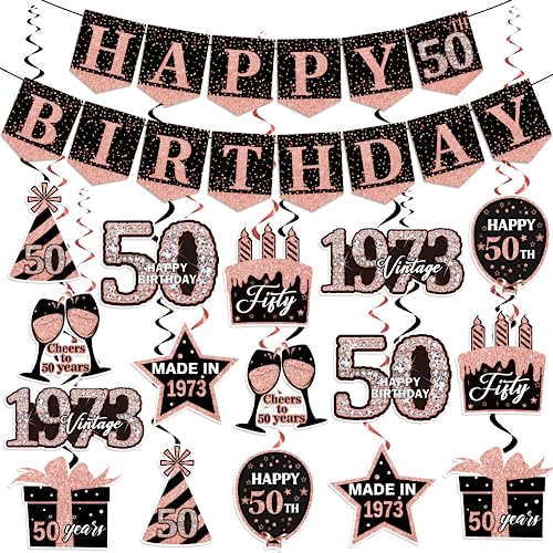 KORHONEN 50th Birthday Decorations for Women, Pink and Black 1973 Birthday Party Decorations Include Happy 50th Birthday Banner and Hanging Swirls, Happy 50th Bday Party Decor for Women