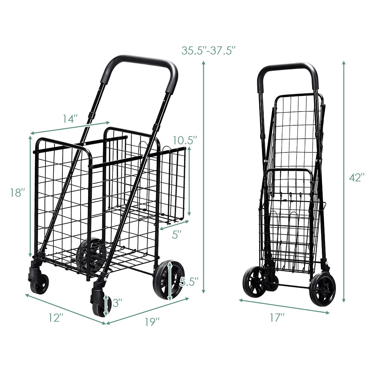 Byroce Utility Folding Shopping Cart, Light Weight Trolley with Handle, Large Grocery Utility Cart with Swiveling Wheels and Dual Storage Baskets, Ideal for Laundry Book Luggage Travel (Black)
