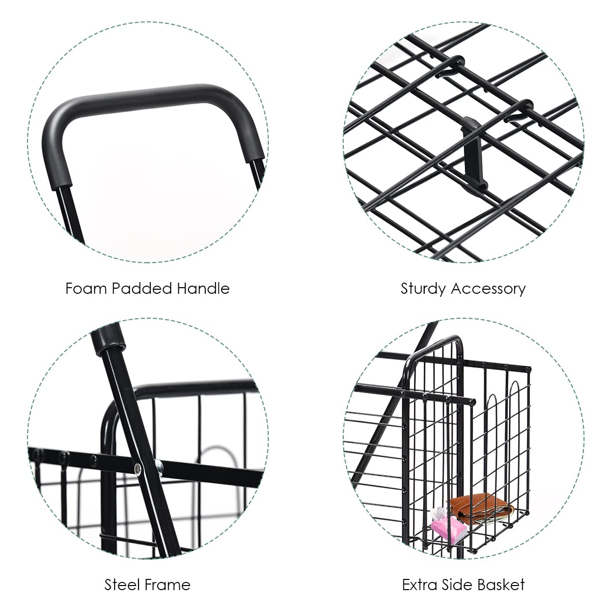 Byroce Utility Folding Shopping Cart, Light Weight Trolley with Handle, Large Grocery Utility Cart with Swiveling Wheels and Dual Storage Baskets, Ideal for Laundry Book Luggage Travel (Black)