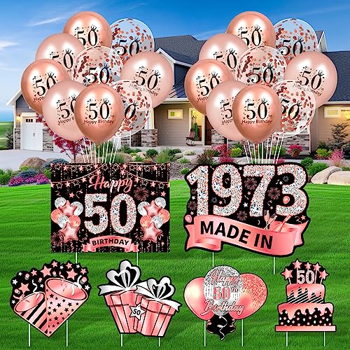 Rose Gold 50th Birthday Decorations for Women 6Pcs 50th Birthday Yard Signs Made in 1973 Lawn Sign & 18Pcs Rose Gold 50th Birthday Balloons for 50 Years Old Party Anniversary Outdoor Decor Supplies