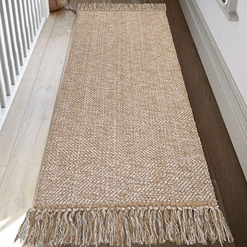 Collive Hallway Runner Rug, 2' x 6' Hand-Woven Reversible Washable Entryway Rug, Tan Cotton Modern Farmhouse Laundry Room Rug Long Carpet for Bathroom Sink Foyer Bedroom