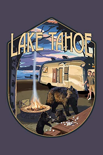 Lake Tahoe, Retro Camper and Lake, Contour (Canvas Deluxe Tote Bag, Faux Leather Handles & Zip Pocket)