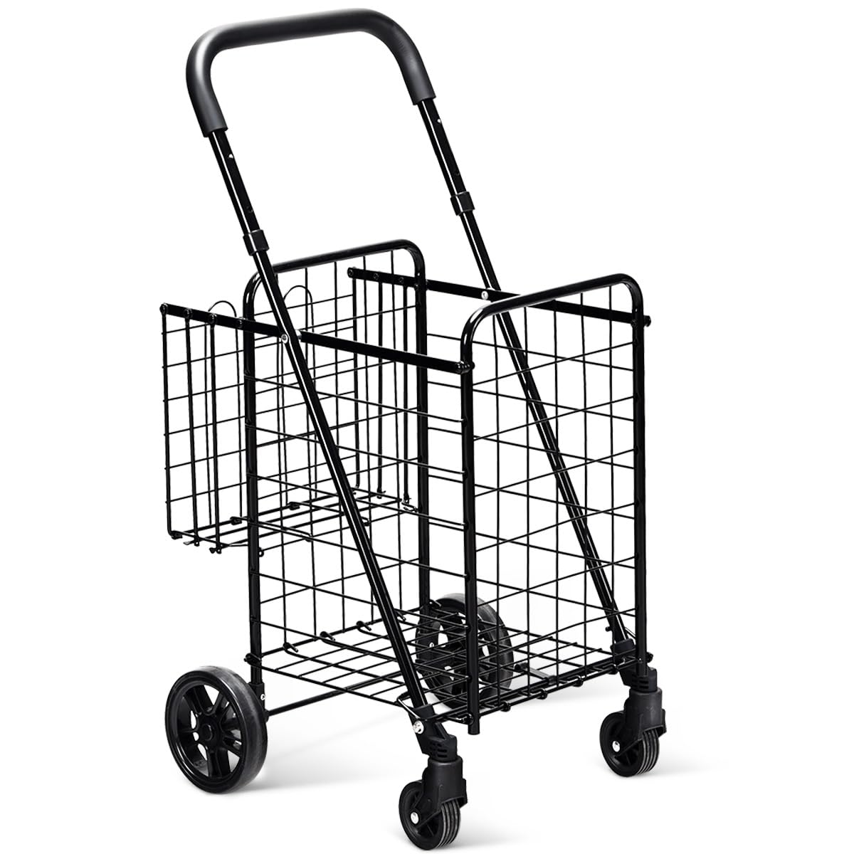 Byroce Utility Folding Shopping Cart, Light Weight Trolley with Handle, Large Grocery Utility Cart with Swiveling Wheels and Dual Storage Baskets, Ideal for Laundry Book Luggage Travel (Black)