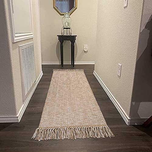 Collive Hallway Runner Rug, 2' x 6' Hand-Woven Reversible Washable Entryway Rug, Tan Cotton Modern Farmhouse Laundry Room Rug Long Carpet for Bathroom Sink Foyer Bedroom