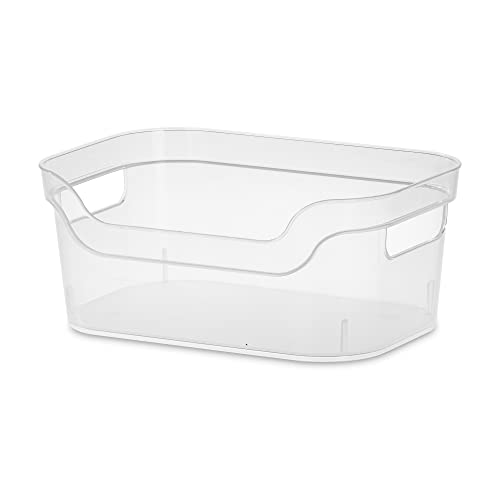 Sterilite 9.5 x 6.5 x 4 Inch Small Open Scoop Front Clear Storage Bin with Comfortable Carry Through Handles for Household Organization (16 Pack)