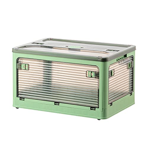 ANMINY Lidded Plastic Storage Bin 5-Door Collapsible Stackable Portable Crate Clear Storage Box Container Basket with Wheels Handles Lid for Outdoor Grocery Travel Car Truck Use - Green, Large