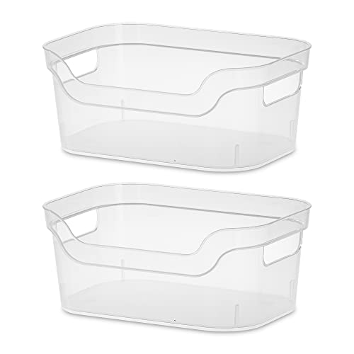 Sterilite 9.5 x 6.5 x 4 Inch Small Open Scoop Front Clear Storage Bin with Comfortable Carry Through Handles for Household Organization (16 Pack)