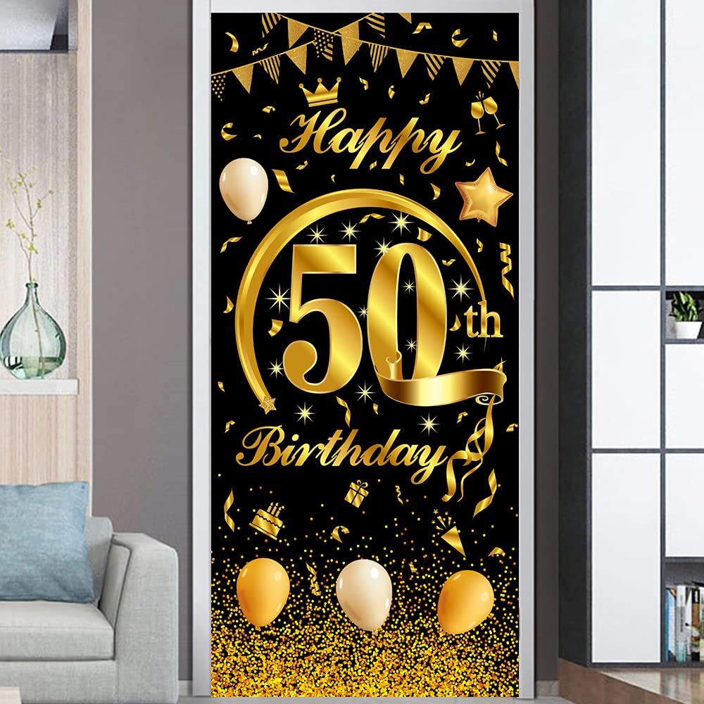 Mocossmy Happy 50th Birthday Door Banner,Large Black and Gold Happy Birthday Door Cover Porch Photography Background Backdrop Sign for Women Men Gifts Indoor Outdoor Birthday Party Supplies Decoration