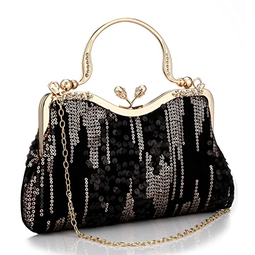 Rkrouco Evening Bag Satin Beaded Sequins Clutch Purse Party Wedding Purse-Black