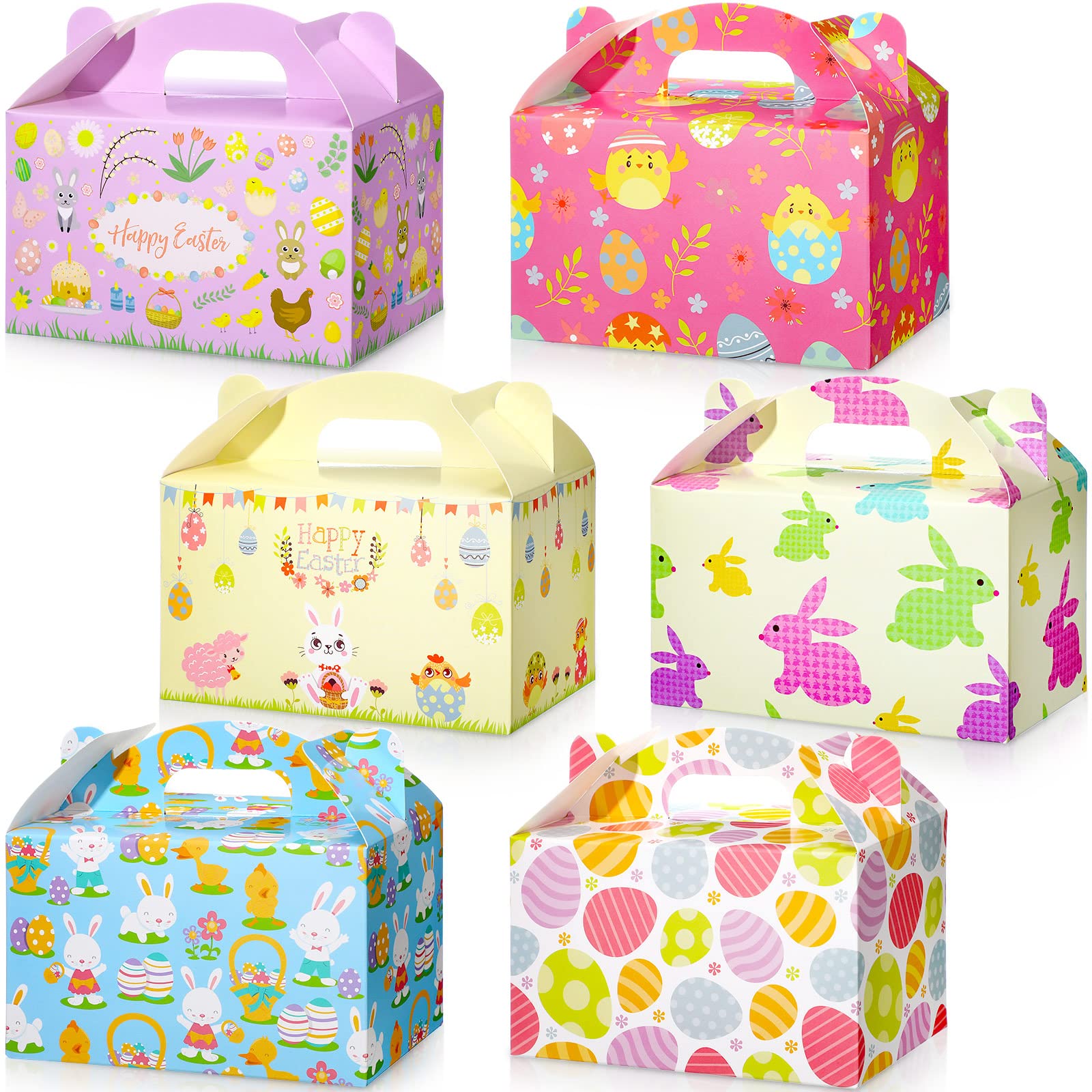 Dianelhall 24 Pcs Easter Treat Boxes Paper Gift Box Party Favor Small Basket with Handle Bunny Eggs Containers for Kids Gifts, 6 x 3.5 x Inch
