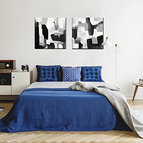 Pigort Black and White Abstract Hand-Painted Wall Art Decor - 2 Piece Set, Grey Decorative Framed Black & White Abstract Canvas Art for Living Room, Bedroom, Office Home Decor & Gift 24x24Inch