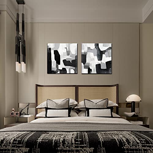 Pigort Black and White Abstract Hand-Painted Wall Art Decor - 2 Piece Set, Grey Decorative Framed Black & White Abstract Canvas Art for Living Room, Bedroom, Office Home Decor & Gift 24x24Inch