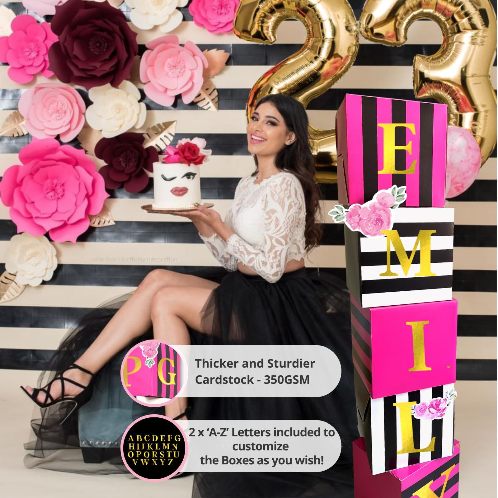 Hot Pink Party Decorations for Birthday, Bachelorette, Bridal or Baby Shower - 5 Boxes Blocks, 52 PC Letters for Custom NAME and 6 Flower Cutouts. Pink Rose Black White - Kate Spade Inspired