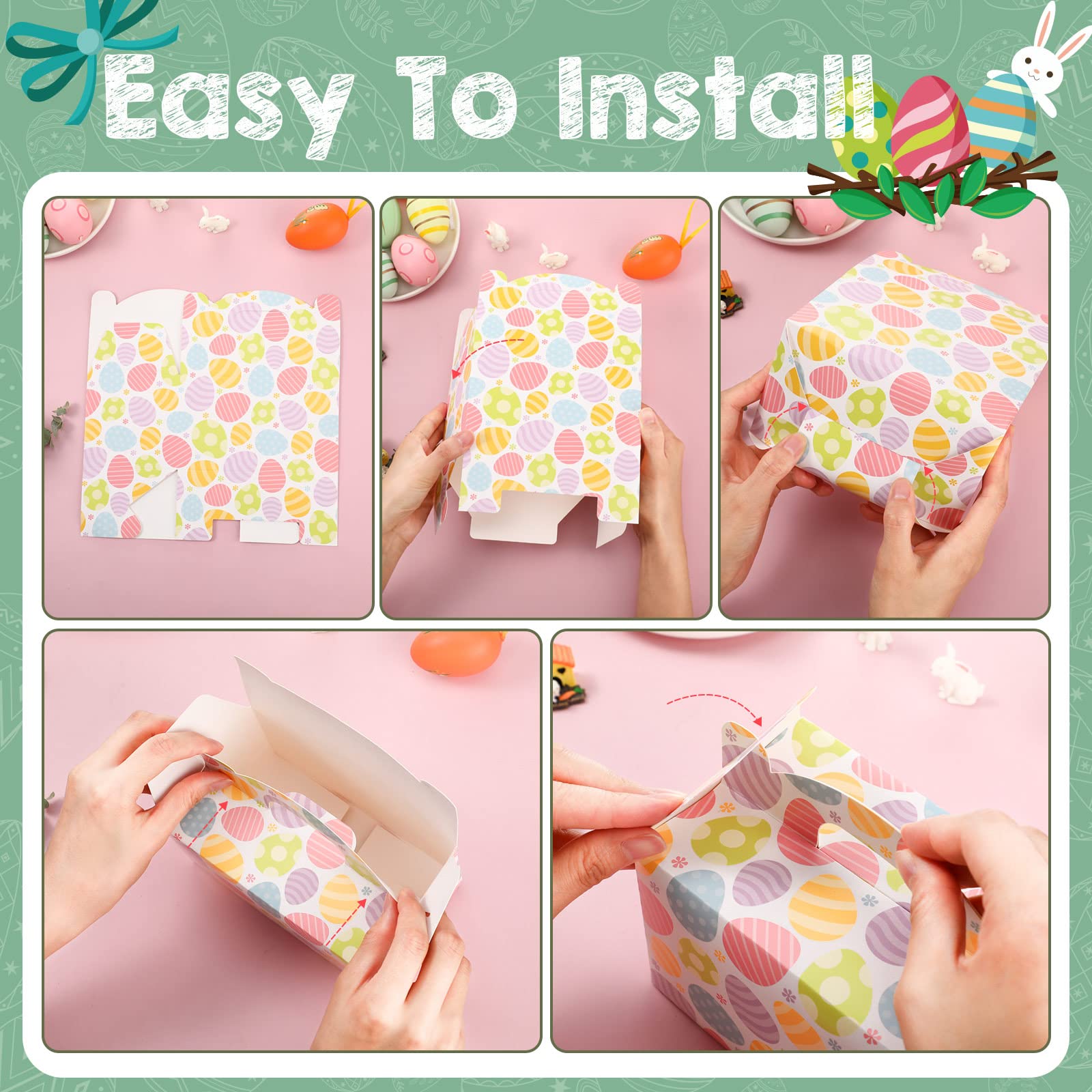 Dianelhall 24 Pcs Easter Treat Boxes Paper Gift Box Party Favor Small Basket with Handle Bunny Eggs Containers for Kids Gifts, 6 x 3.5 x Inch
