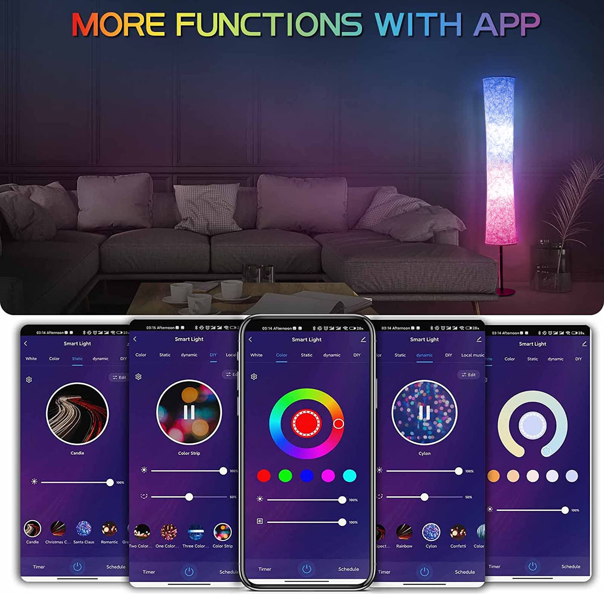 BLUEYE Floor Lamp,RGBCW 2700K-6500K,APP & Remote&Smart Voice Control, 2 X 60W Equivalent, No Hub Required,Compatible with Alexa Google Assistant, 60'' Standing Lamp for Bedroom, Similar Fabric