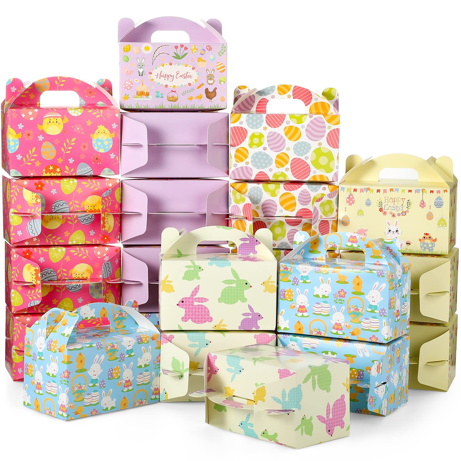 Dianelhall 24 Pcs Easter Treat Boxes Paper Gift Box Party Favor Small Basket with Handle Bunny Eggs Containers for Kids Gifts, 6 x 3.5 x Inch
