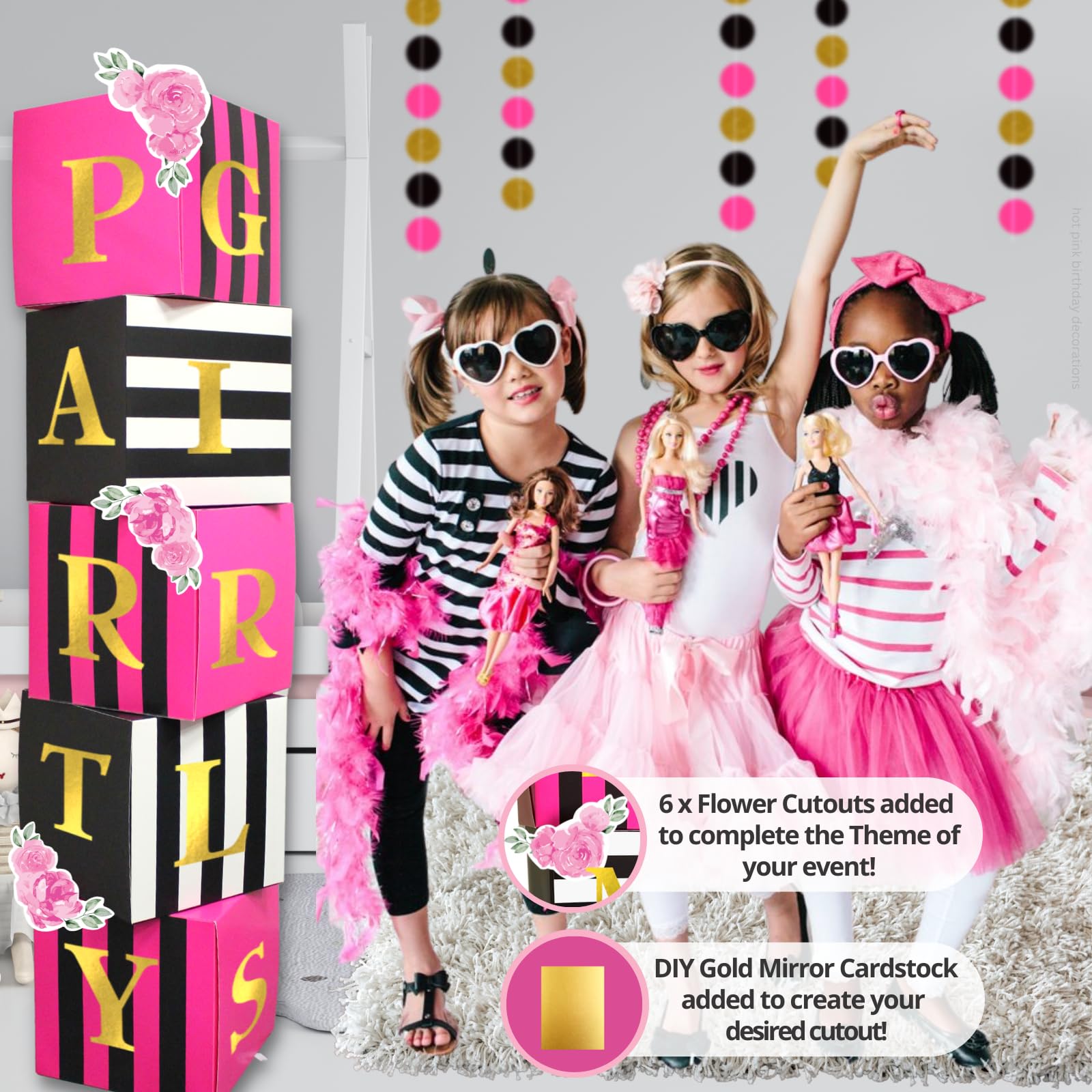 Hot Pink Party Decorations for Birthday, Bachelorette, Bridal or Baby Shower - 5 Boxes Blocks, 52 PC Letters for Custom NAME and 6 Flower Cutouts. Pink Rose Black White - Kate Spade Inspired