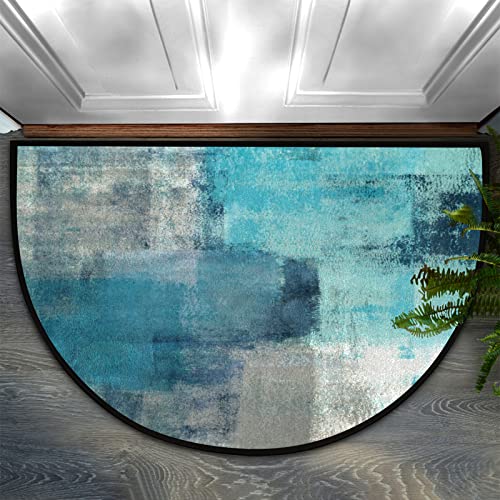 Door Mat Turquoise and Grey Entryway Rug Half Round Kitchen mat Non-Slip Entrance Way Rug Front Half Circle Rugs for Kitchen, Shower Room, Bedroom,Living Room 36 * 24in