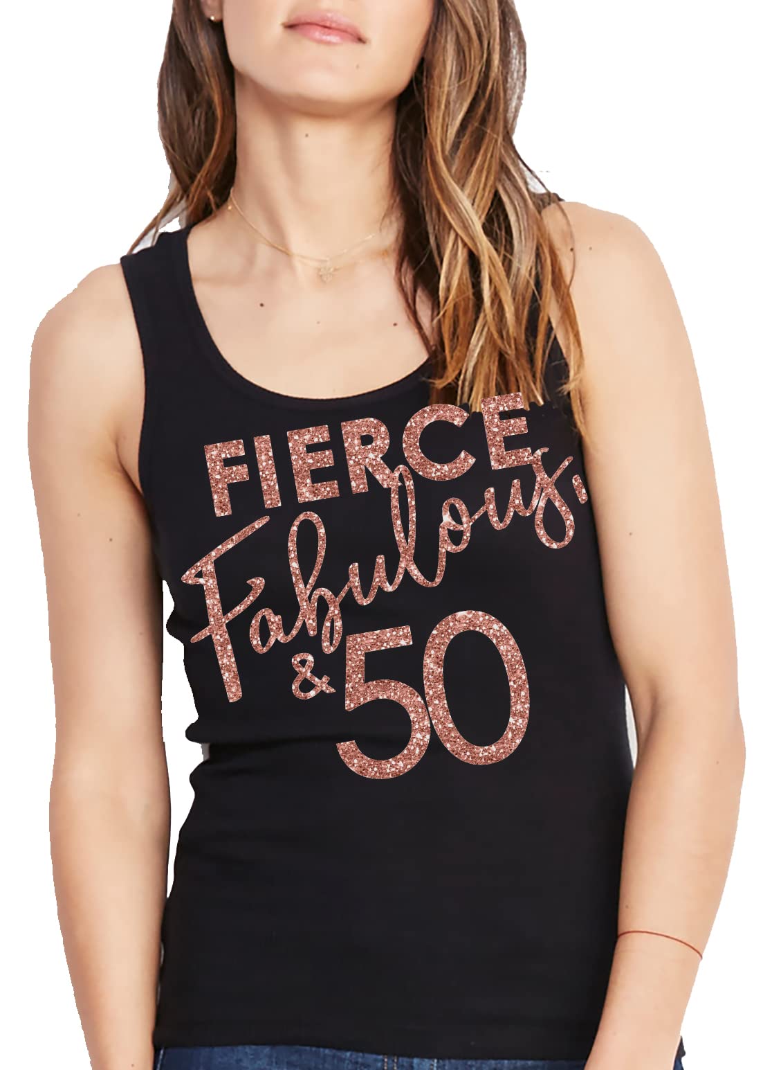 RhinestoneSash Womens Birthday Shirt - Rose Gold Sparkle Fierce Fabulous & 50 Tank Top - 50th Birthday Party Tanks - X-Large - Black