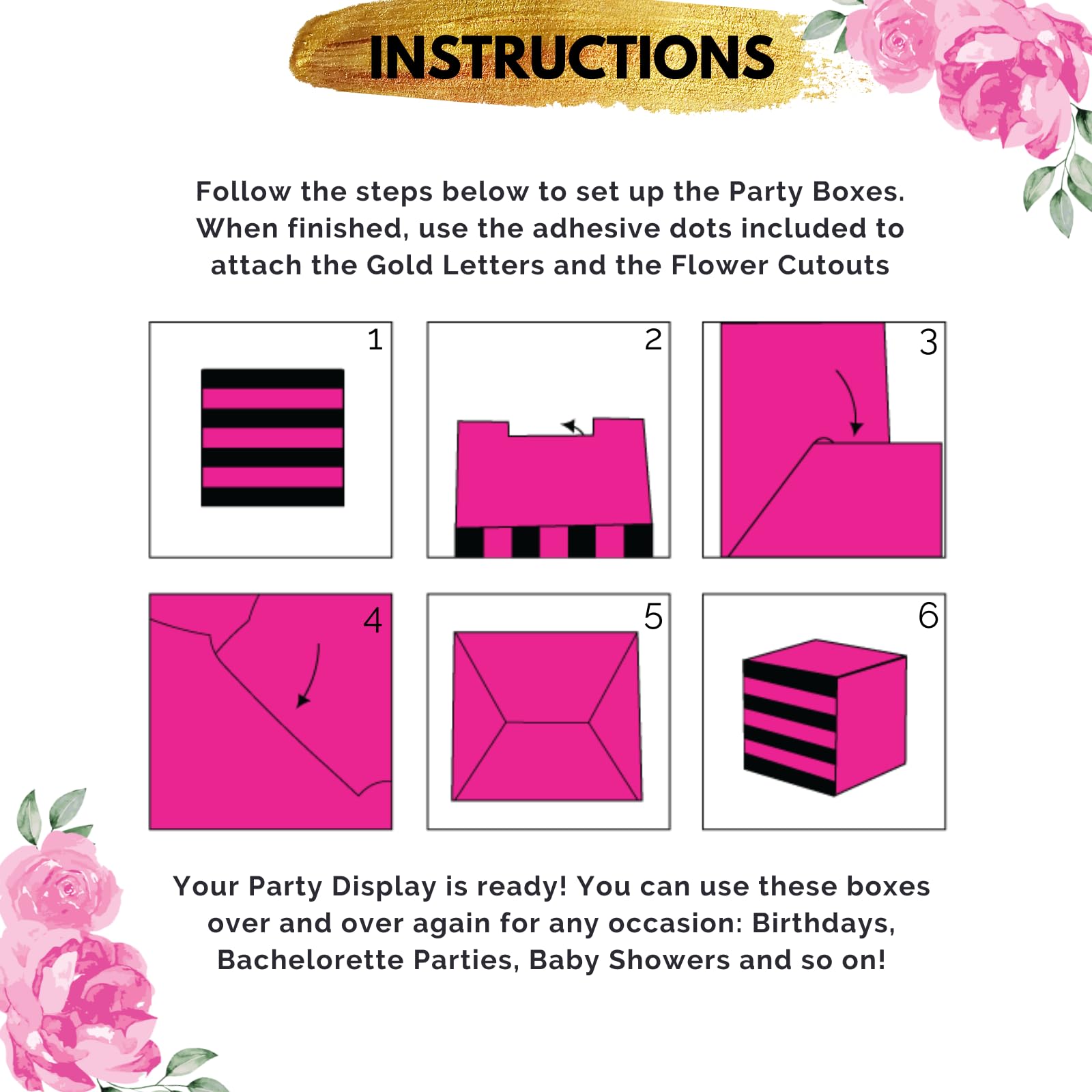Hot Pink Party Decorations for Birthday, Bachelorette, Bridal or Baby Shower - 5 Boxes Blocks, 52 PC Letters for Custom NAME and 6 Flower Cutouts. Pink Rose Black White - Kate Spade Inspired