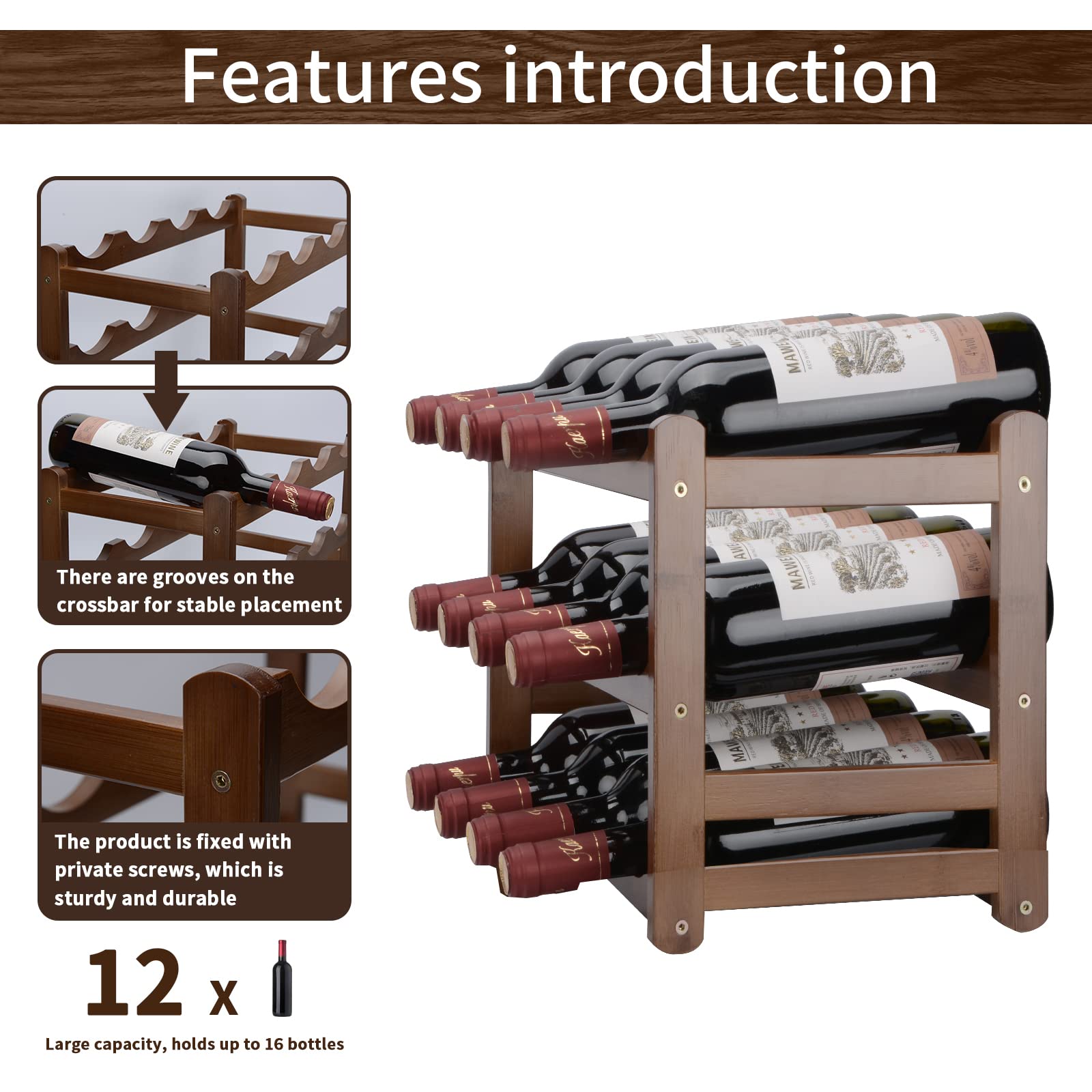 Bamboo Wine Rack, 3-Tier 12-Bottle Freestanding Display Wine Organizer Storage Shelf Table Top Countertop tle Cabinet Wine Holder for Kitchen Dining Living Room Bar Pantry Wine Cellar Basement
