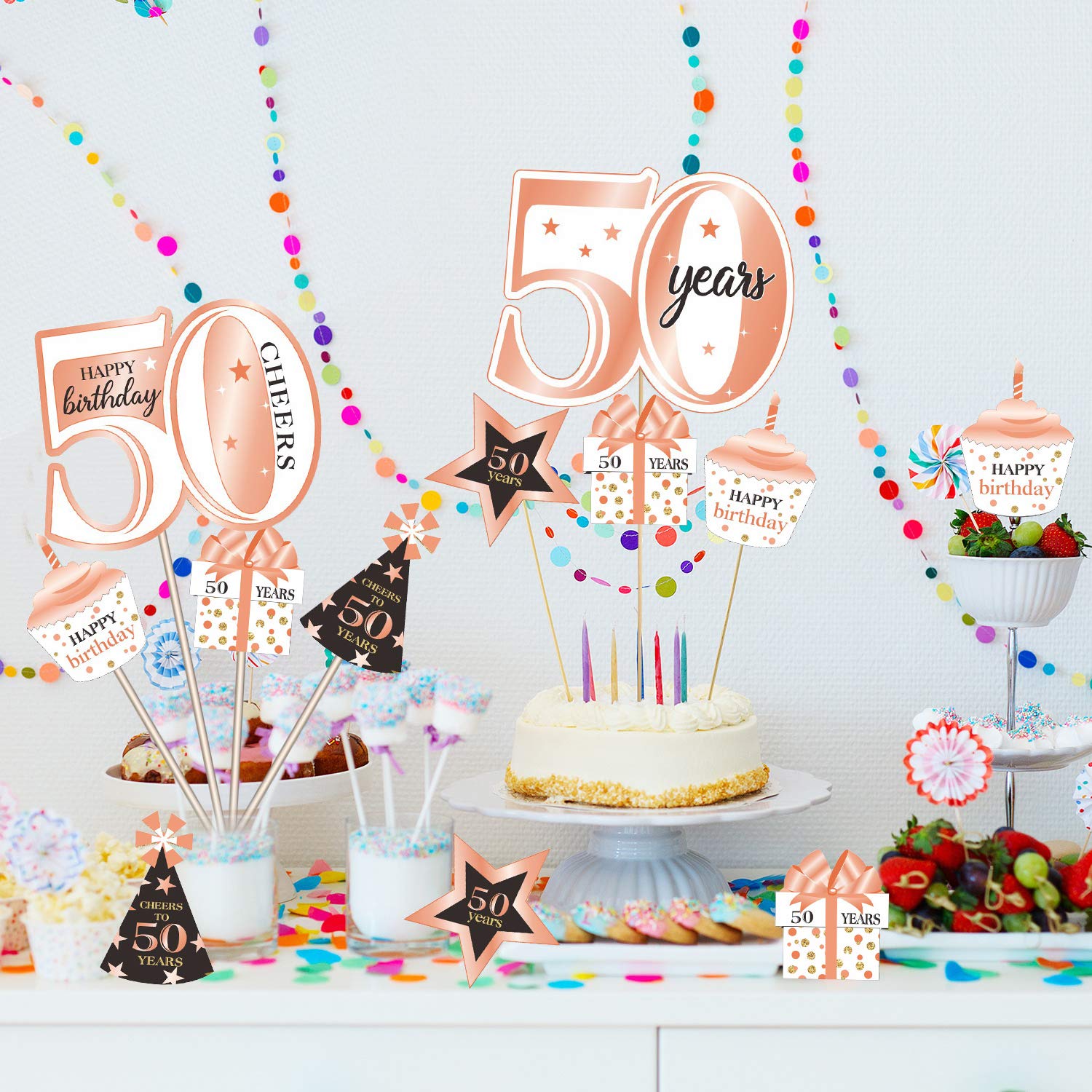 Blulu Birthday Centerpieces for Tables Birthday Decorations Set Birthday Party Sticks Table Cake Toppers Anniversary Party Decorations for Women